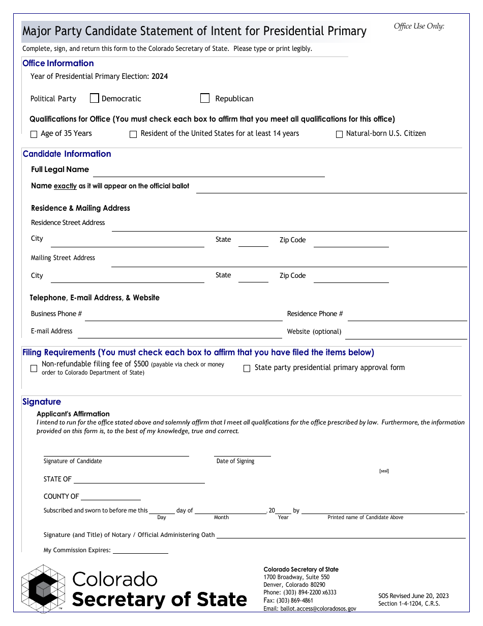 Colorado Major Party Candidate Statement of Intent for Presidential ...