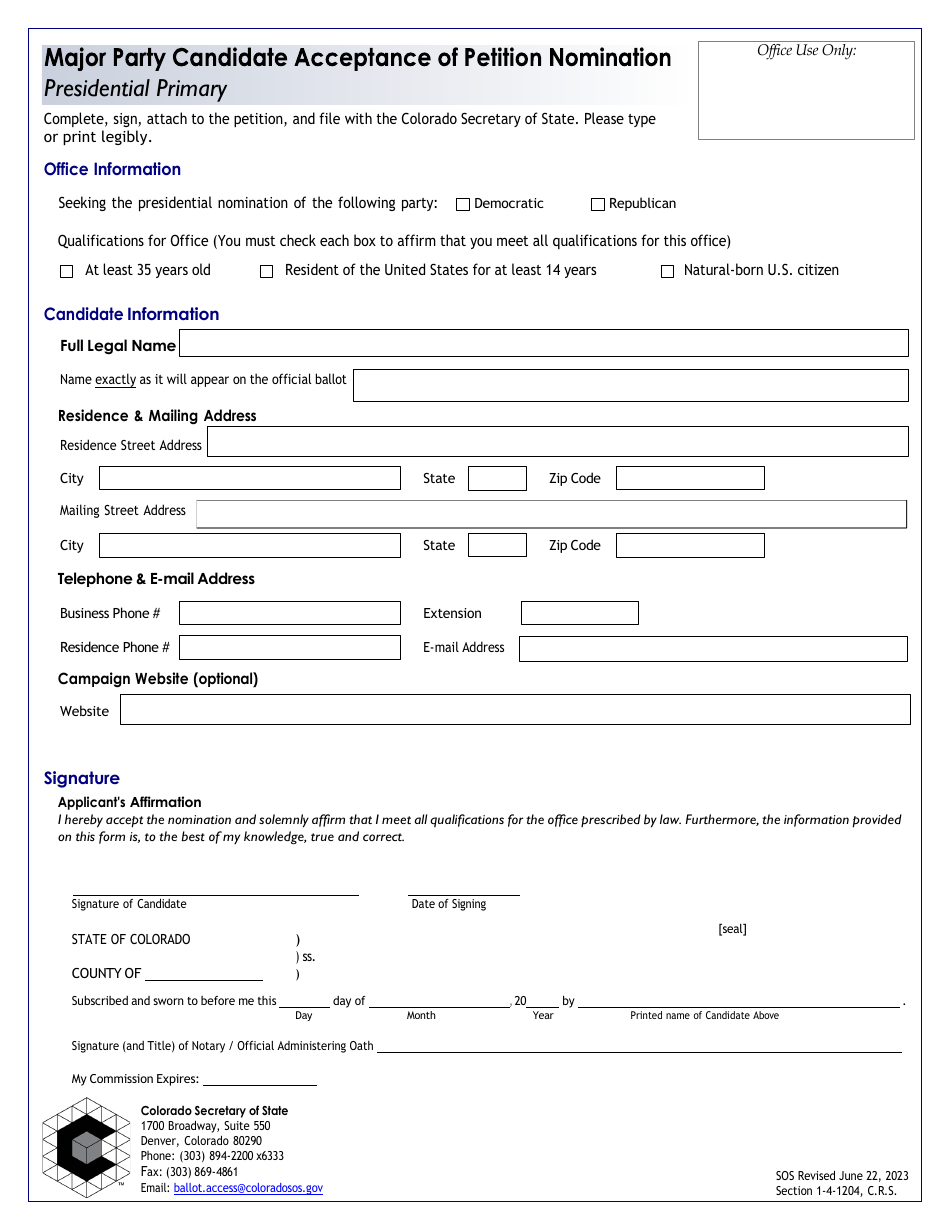 Colorado Major Party Candidate Acceptance of Petition Nomination ...