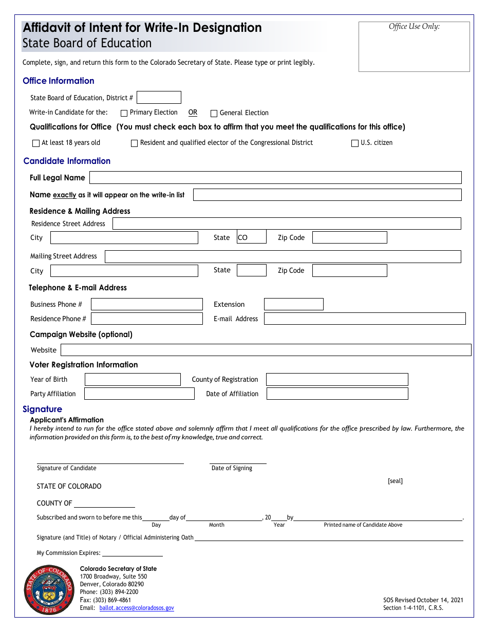 Colorado Affidavit of Intent for Write-In Designation - State Board of ...