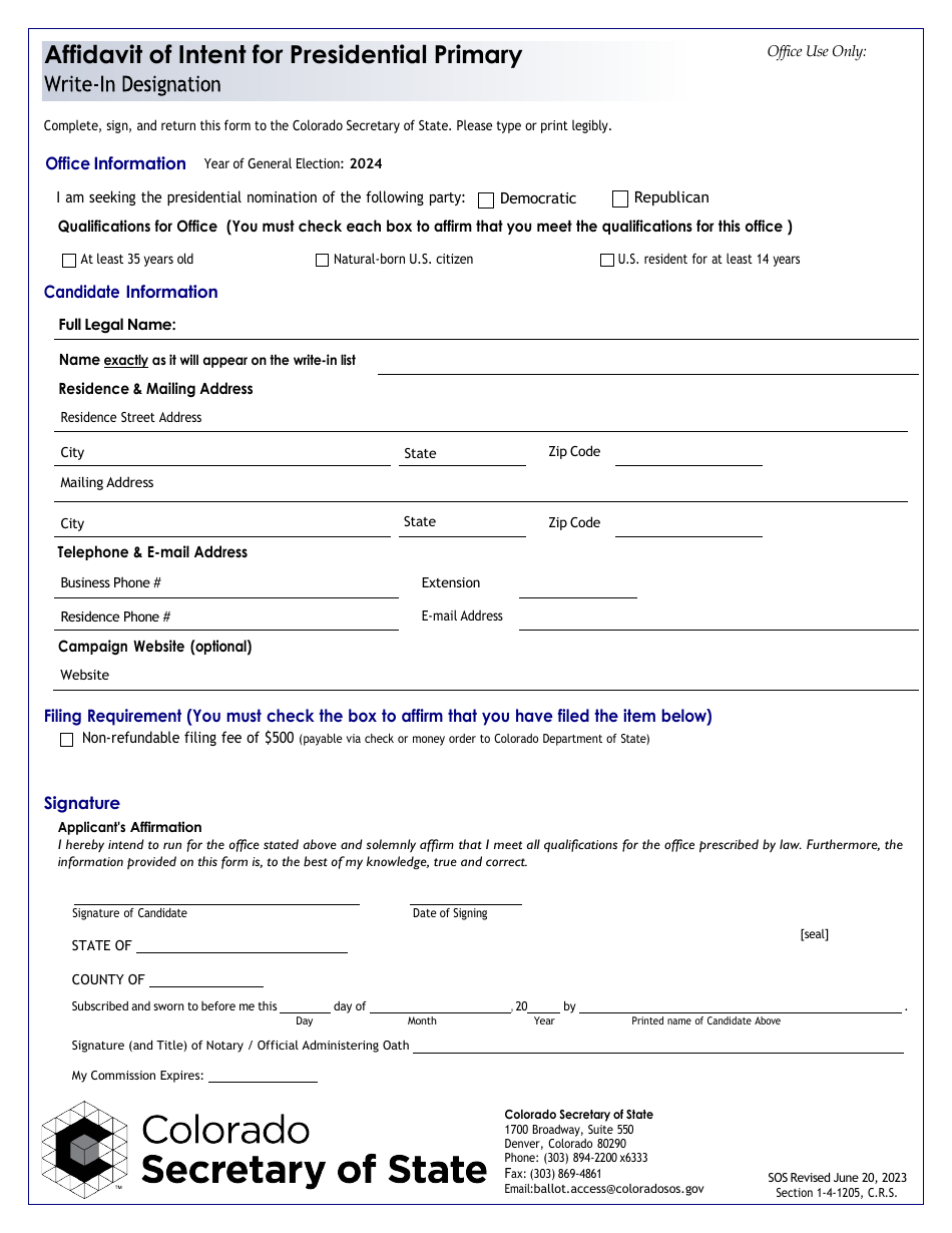 Colorado Affidavit of Intent for Presidential Primary - Write-In ...