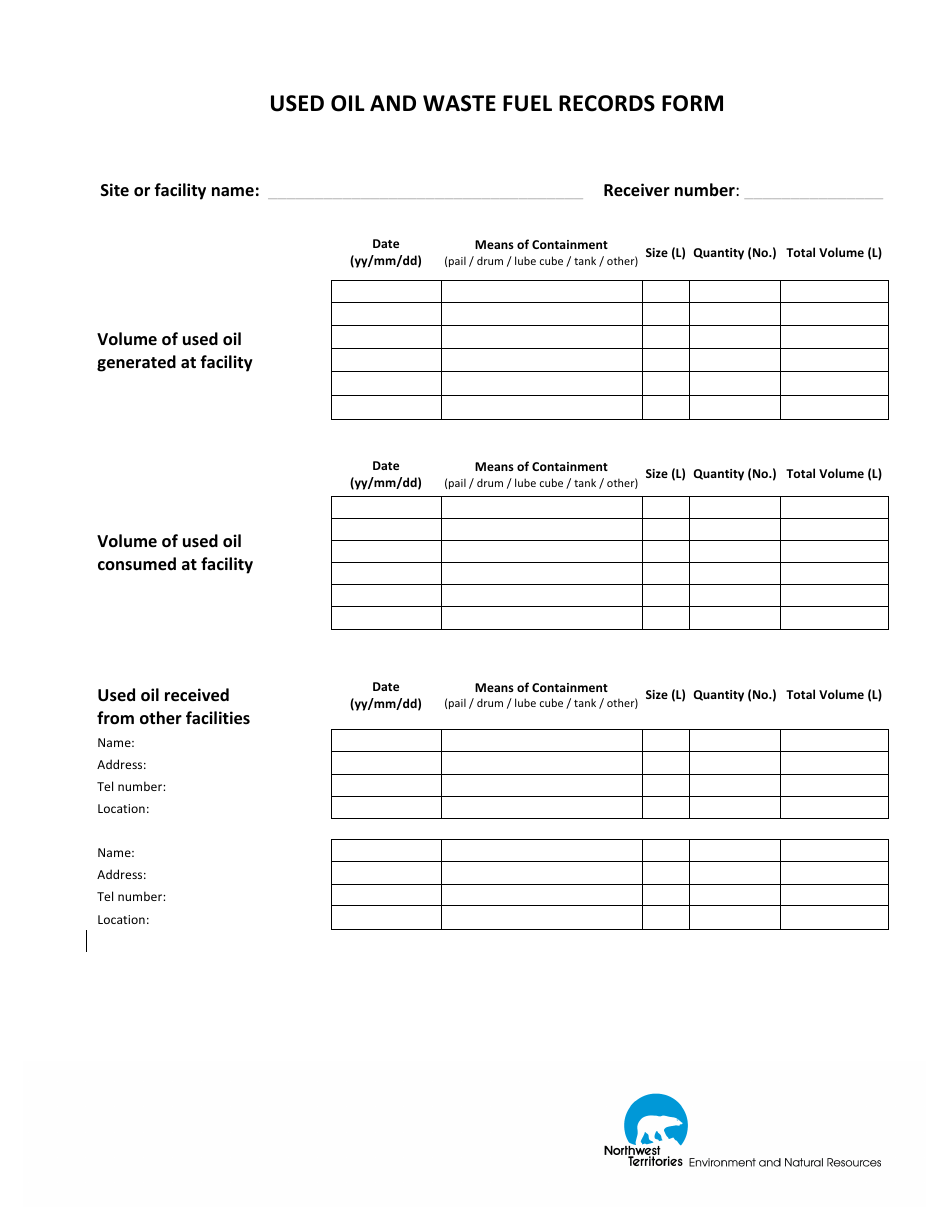 Northwest Territories Canada Used Oil and Waste Fuel Records Form ...