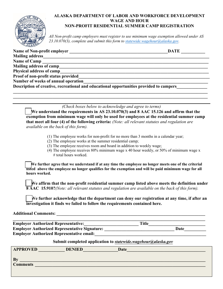 Alaska Non-profit Residential Summer Camp Registration Form - Fill Out ...