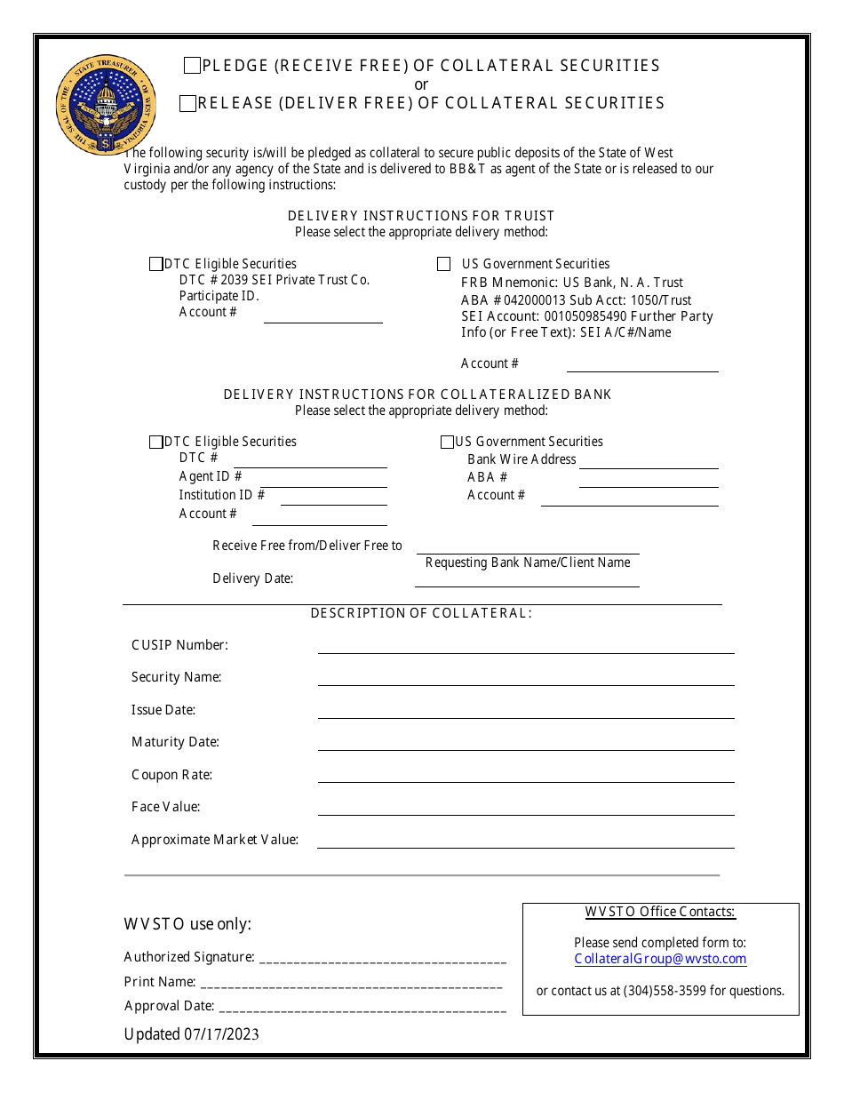 West Virginia Collateral Pledge or Release Form Download Fillable PDF ...
