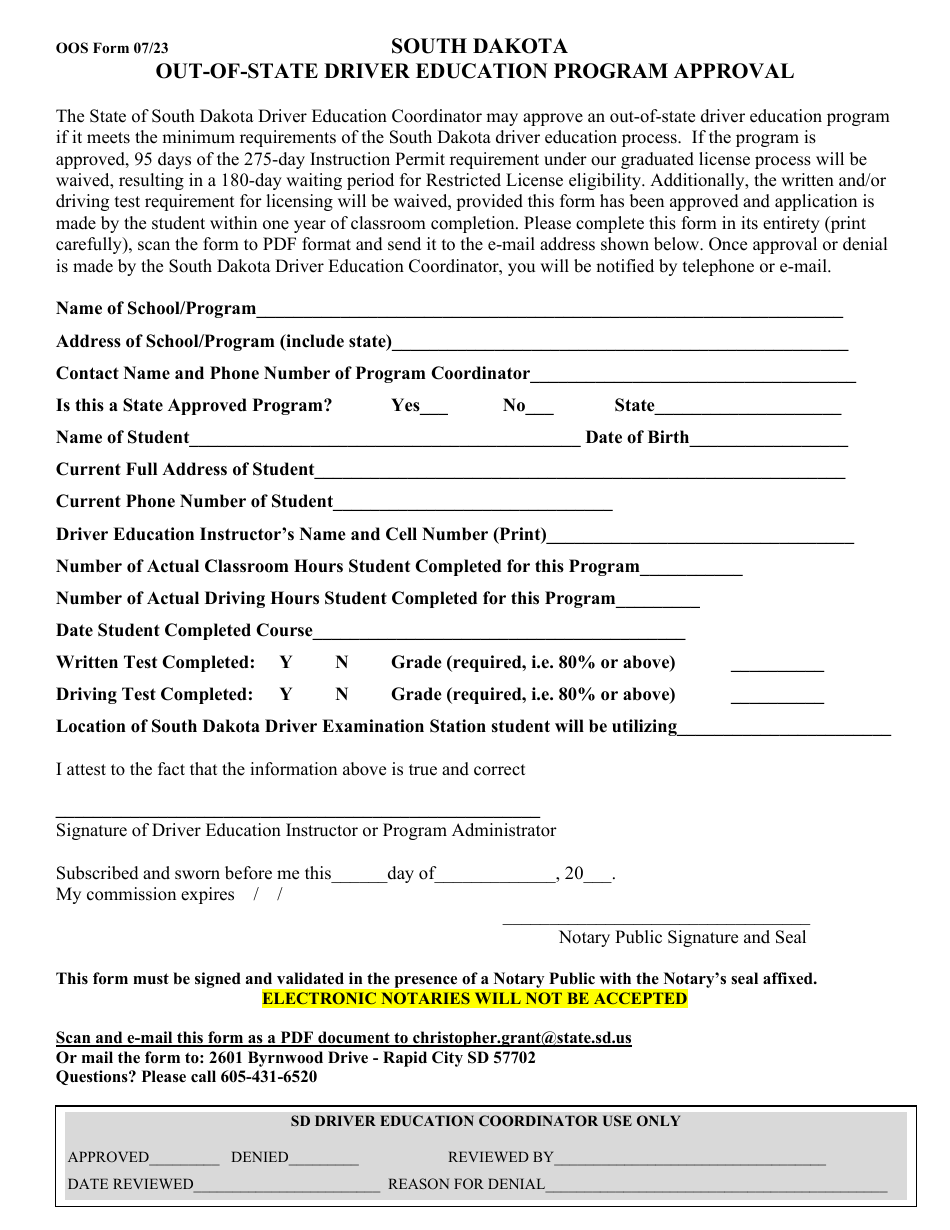 South Dakota Out-of-State Driver Education Program Approval Download ...