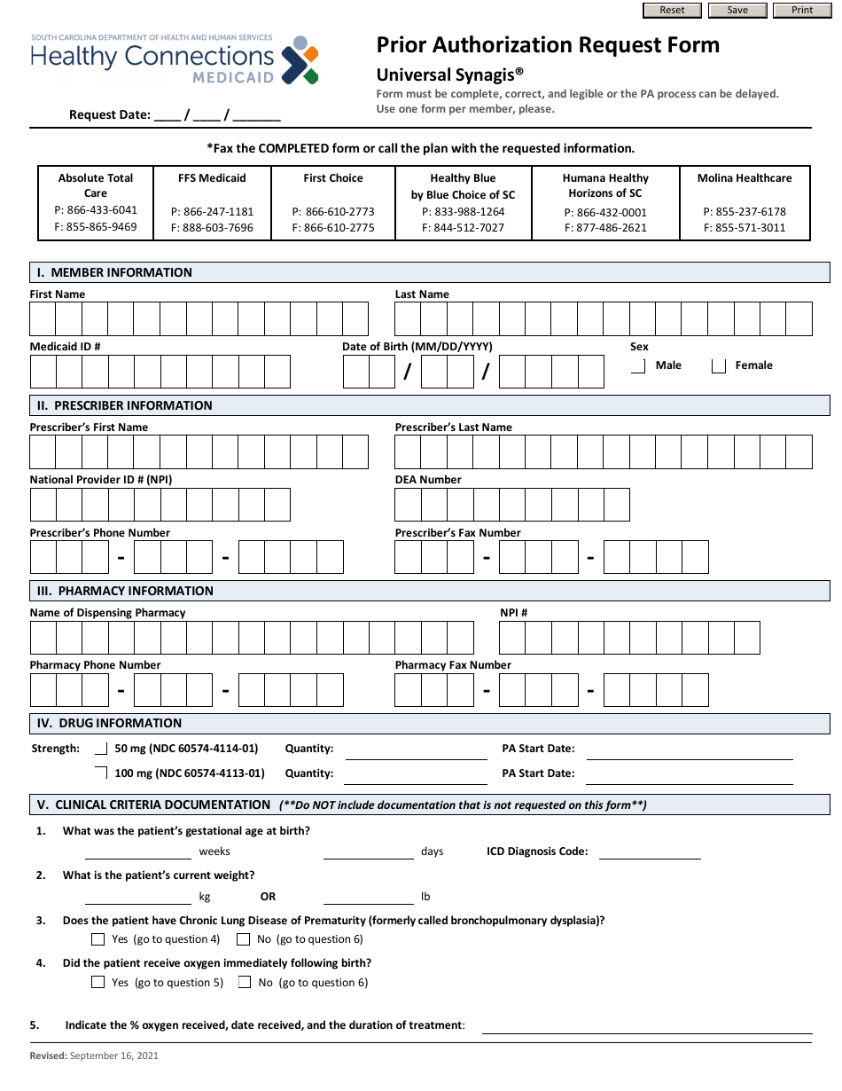 South Carolina Prior Authorization Request Form - Universal Synagis ...