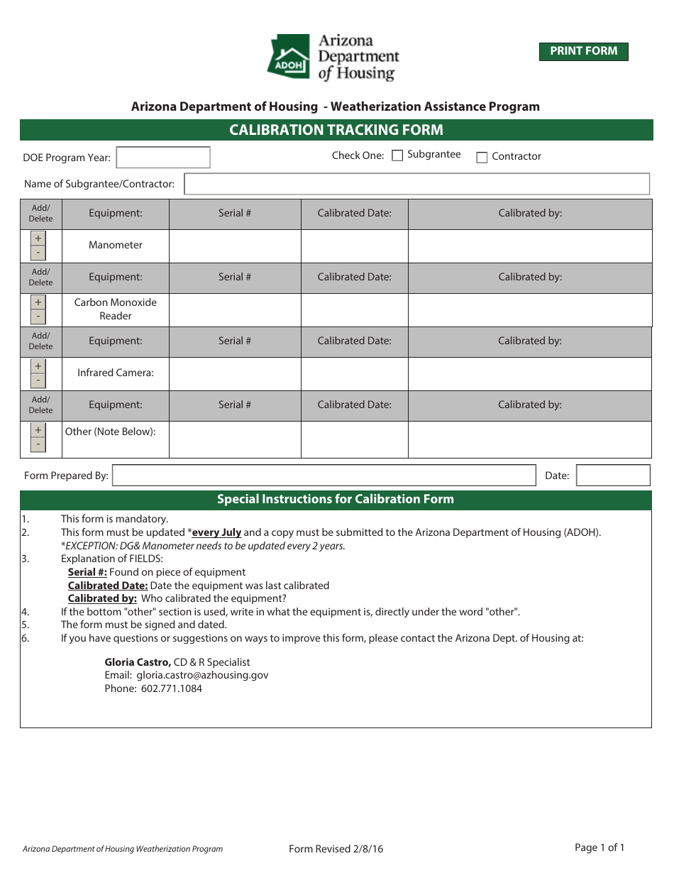Arizona Calibration Tracking Form - Weatherization Assistance Program ...
