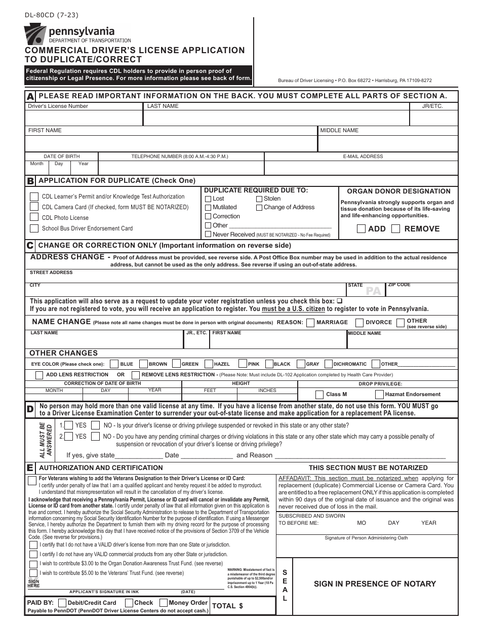 Form DL-80CD Download Fillable PDF or Fill Online Commercial Driver's ...