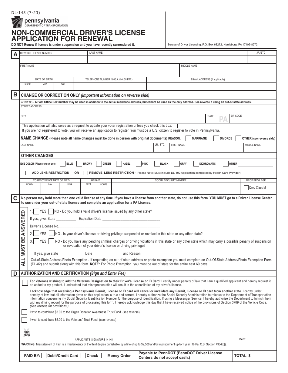 Form DL-143 Download Fillable PDF or Fill Online Non-commercial Driver's License Application for ...