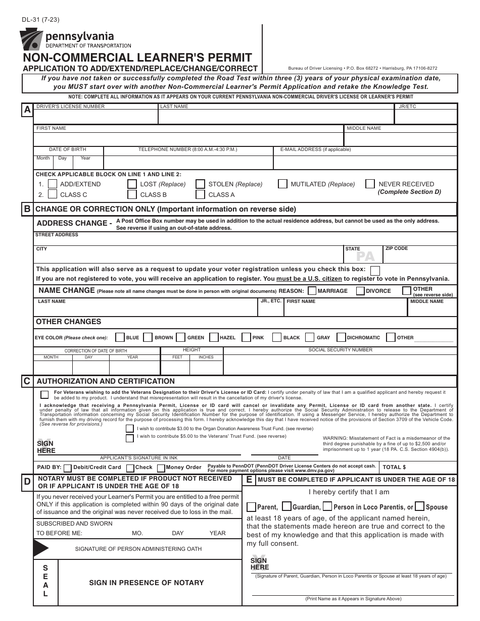 Form DL-31 Download Fillable PDF or Fill Online Non-commercial Learner ...