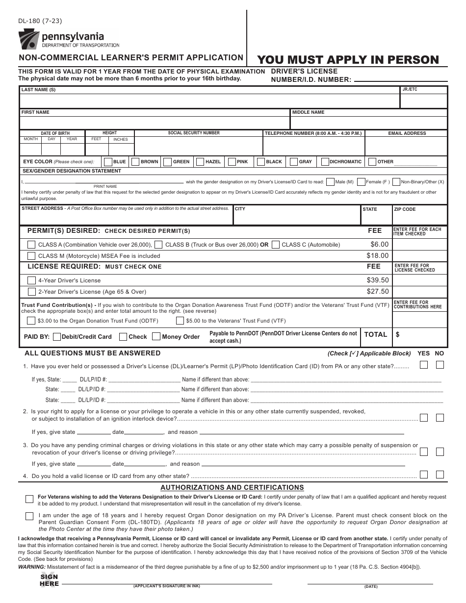 Form DL-180 Download Fillable PDF or Fill Online Non-commercial Learner ...