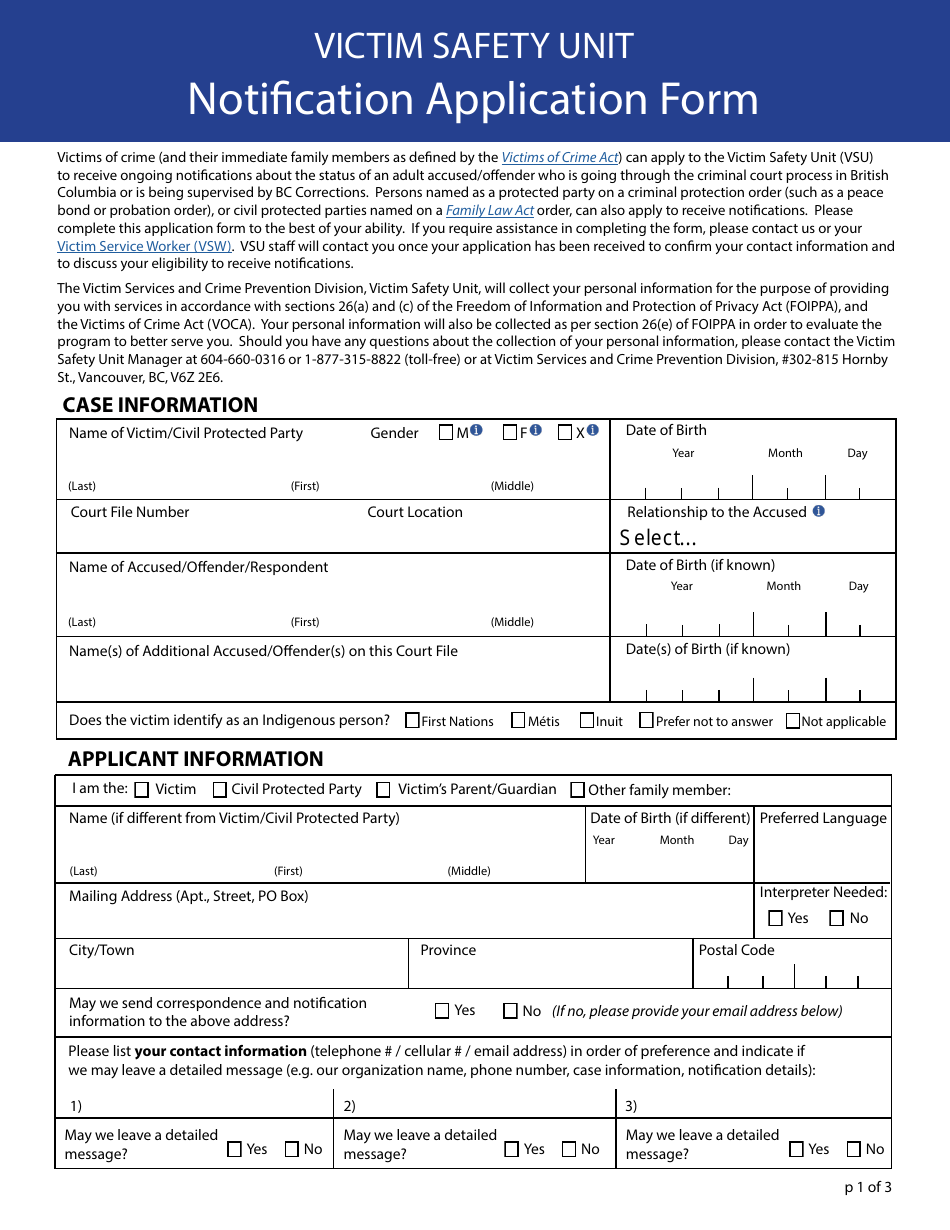 British Columbia Canada Notification Application Form - Victim Safety Unit - Fill Out, Sign ...