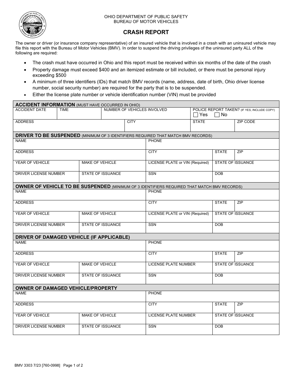 Form BMV3303 Download Printable PDF or Fill Online Crash Report, Ohio ...