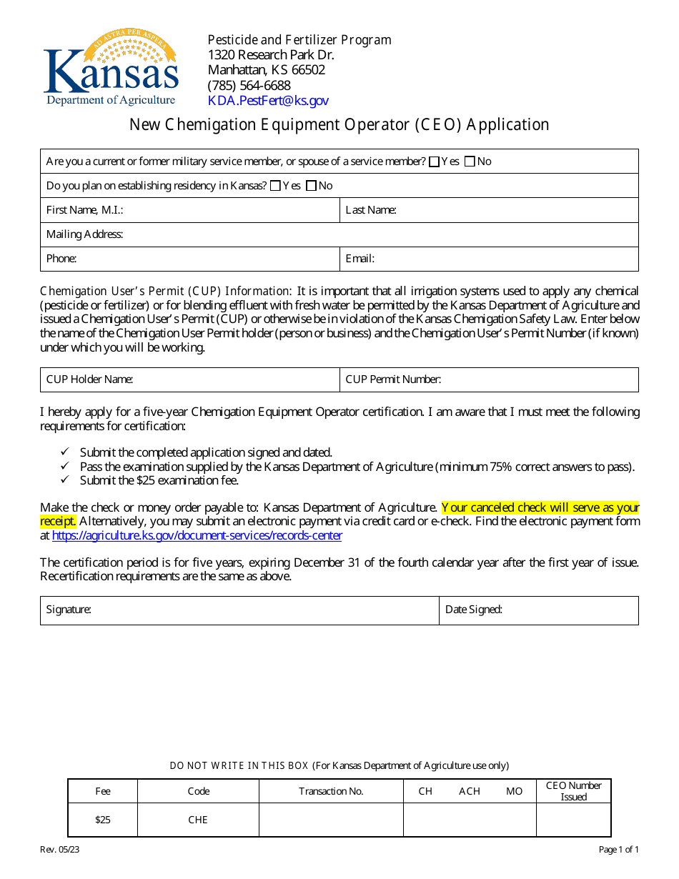 Kansas New Chemigation Equipment Operator (Ceo) Application - Fill Out ...