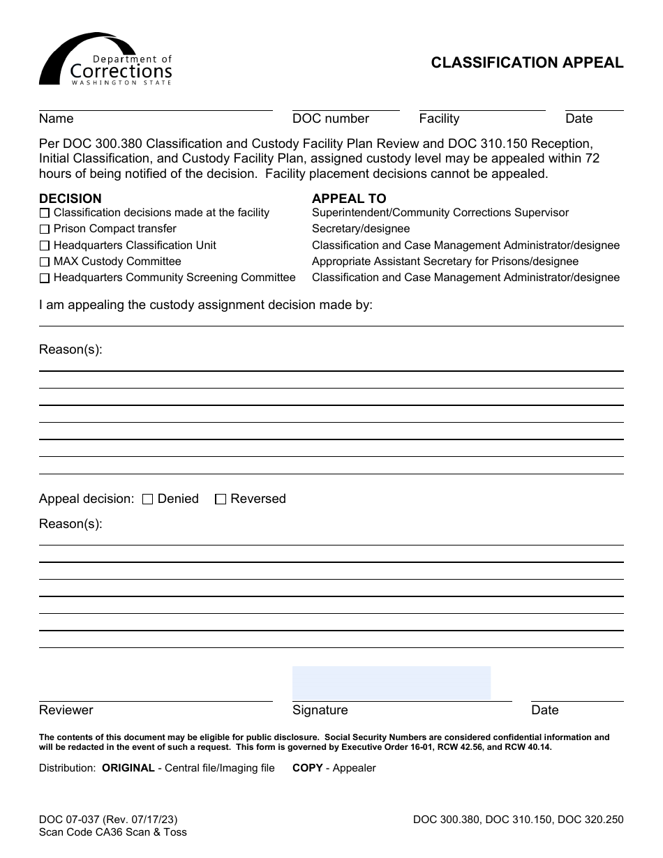 Form DOC07-037 Download Printable PDF or Fill Online Classification ...