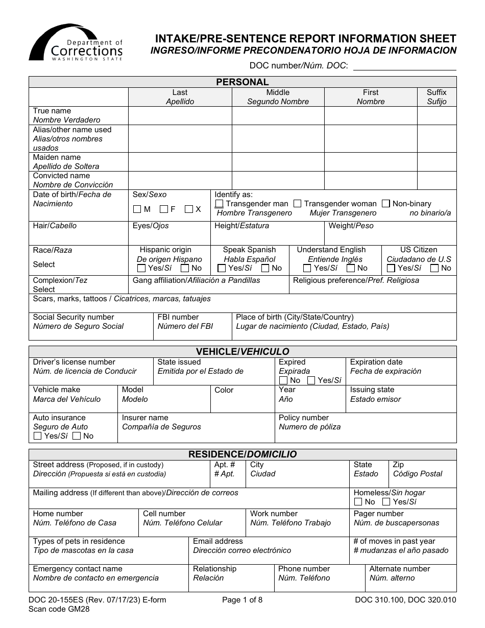 Form DOC20-155ES Download Printable PDF or Fill Online Intake/Pre ...