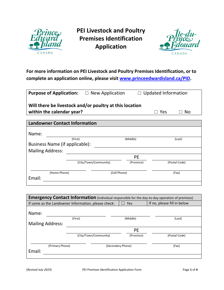 Prince Edward Island Canada Pei Livestock and Poultry Premises Identification Application - Fill ...