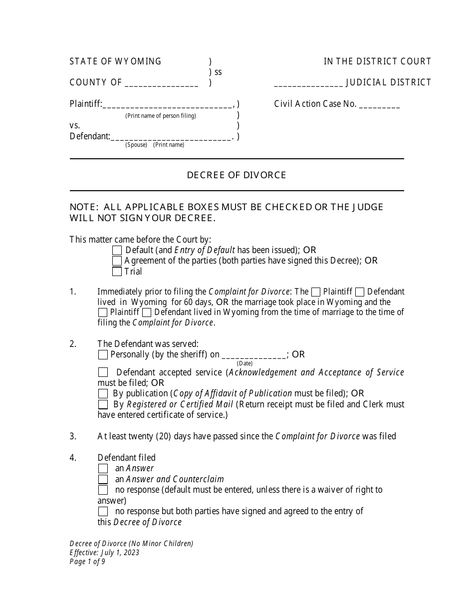 Wyoming Decree of Divorce - Fill Out, Sign Online and Download PDF ...