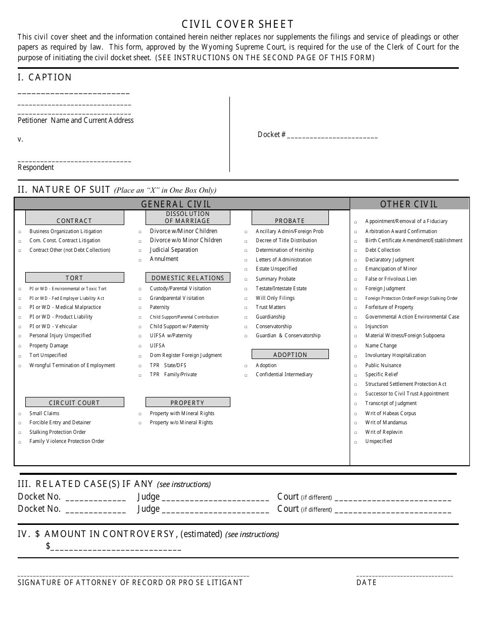 Wyoming Civil Cover Sheet - Establishment of Custody, Visitation and ...