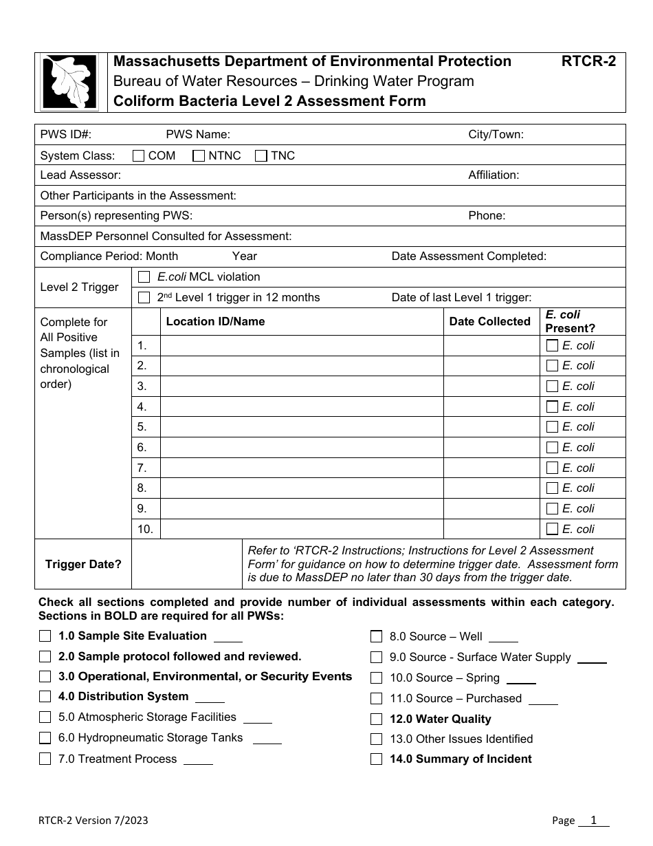 Form RTCR-2 Download Printable PDF or Fill Online Coliform Bacteria ...