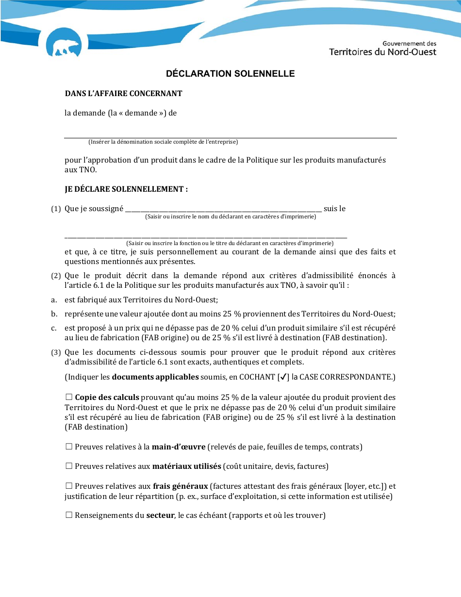 Northwest Territories Canada Declaration Solennelle (French) - Fill Out ...