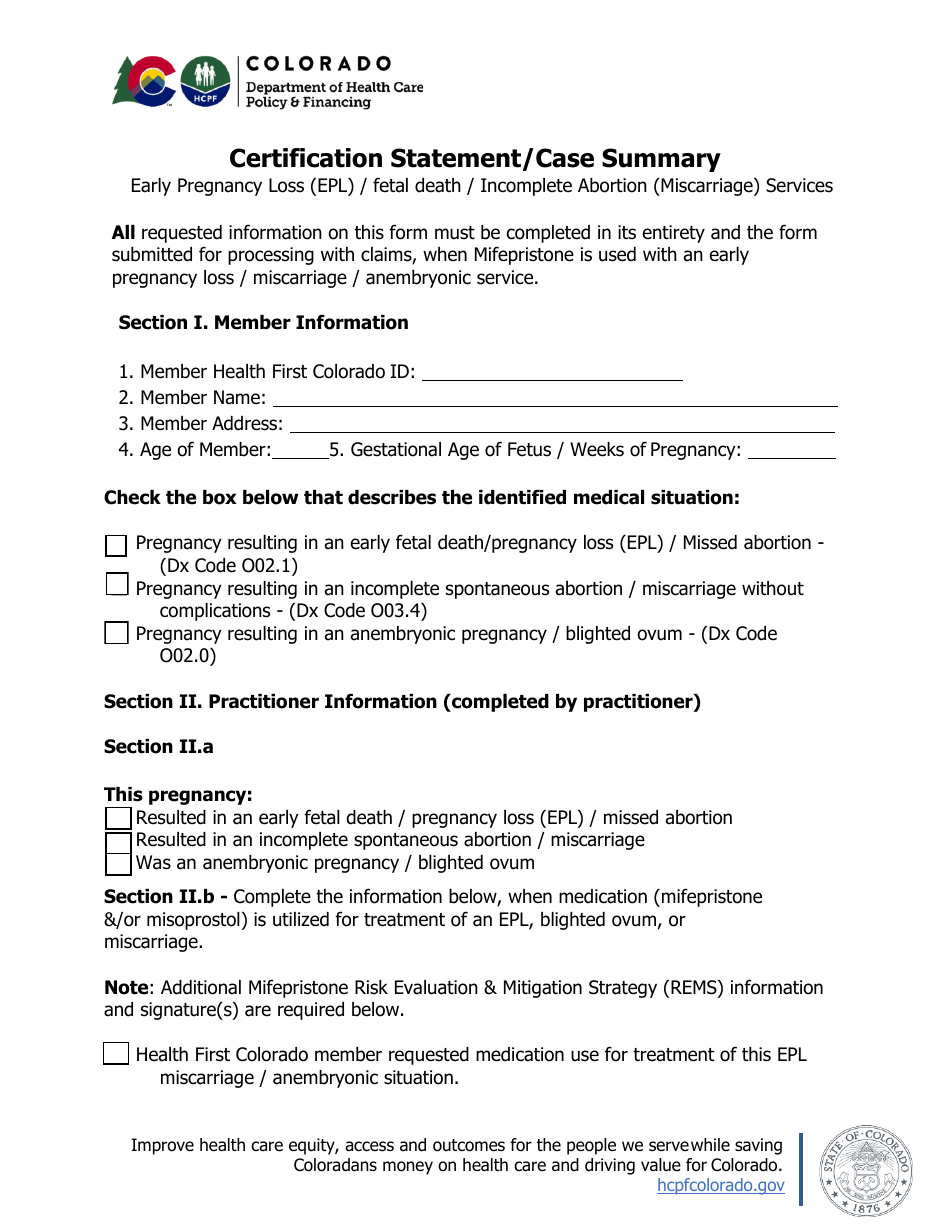 Colorado Certification Statement/Case Summary - Early Pregnancy Loss ...