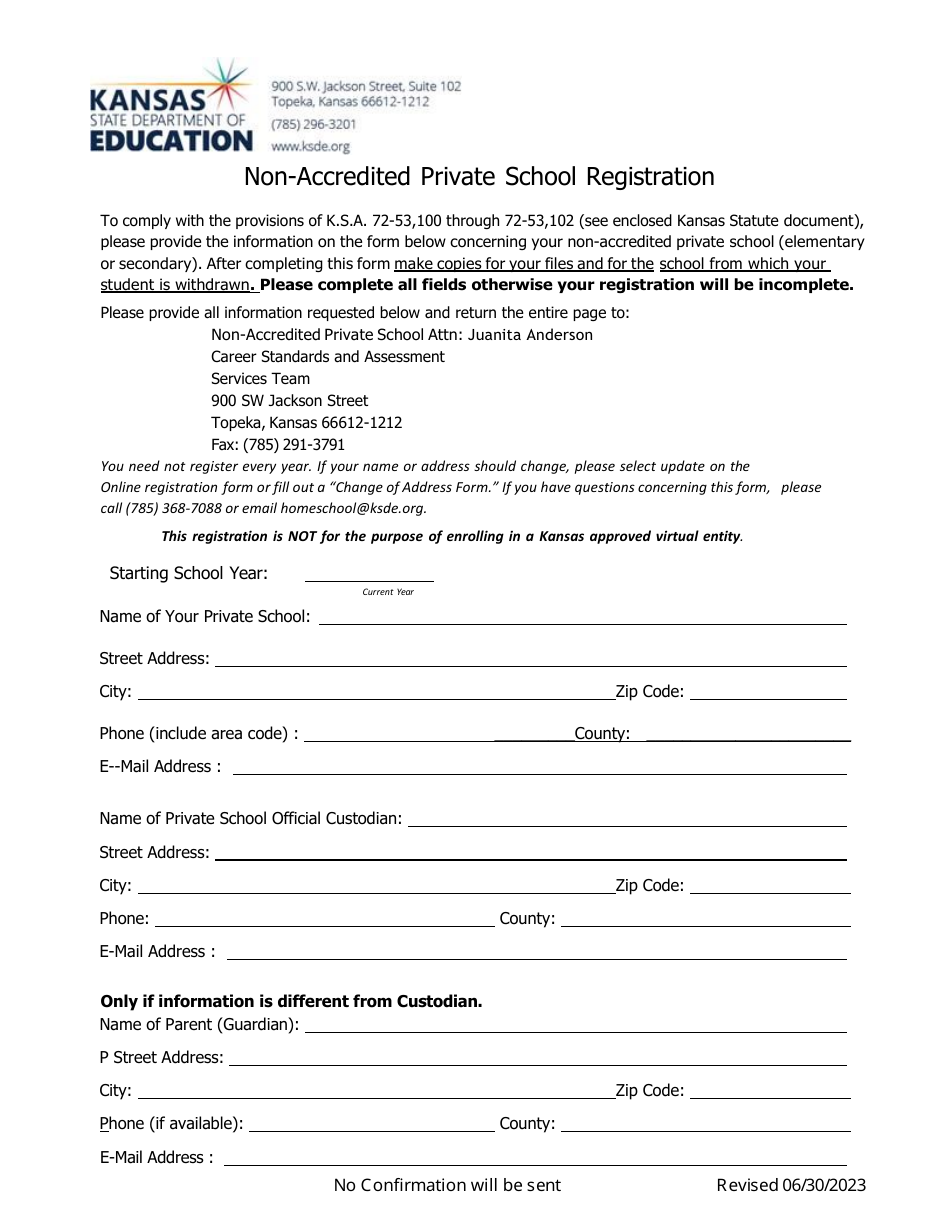 Kansas Non-accredited Private School Registration Download Printable ...