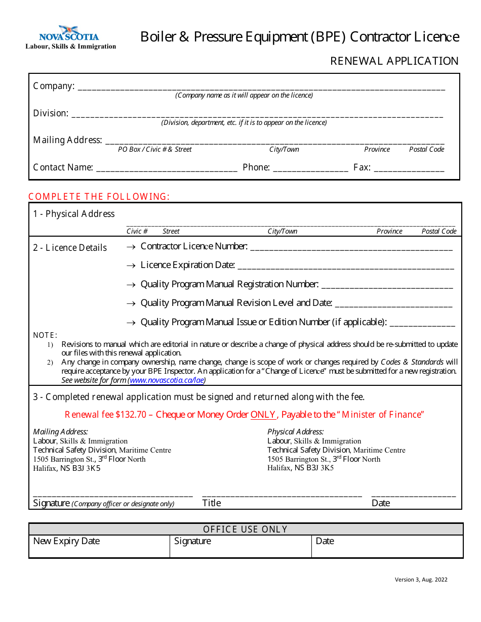 Nova Scotia Canada Boiler & Pressure Equipment (Bpe) Contractor Licence ...