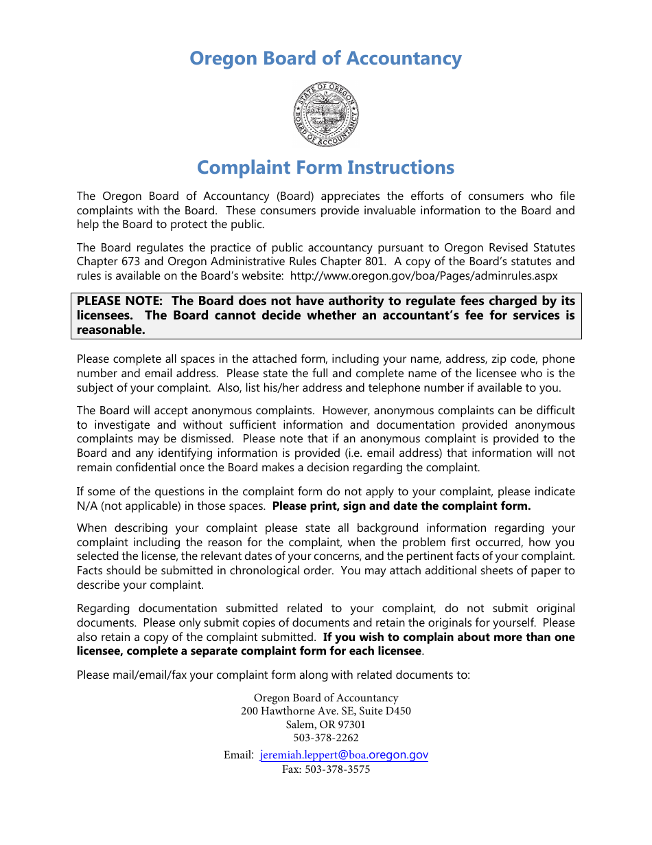 Oregon Complaint Form Download Fillable PDF 2018 — 2026 | Templateroller