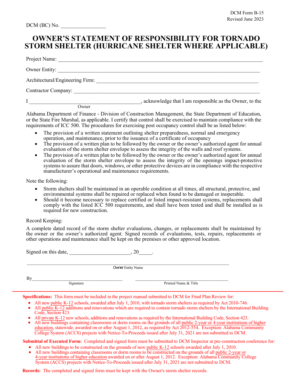 DCM Form B-15 Download Fillable PDF or Fill Online Owner's Statement of ...