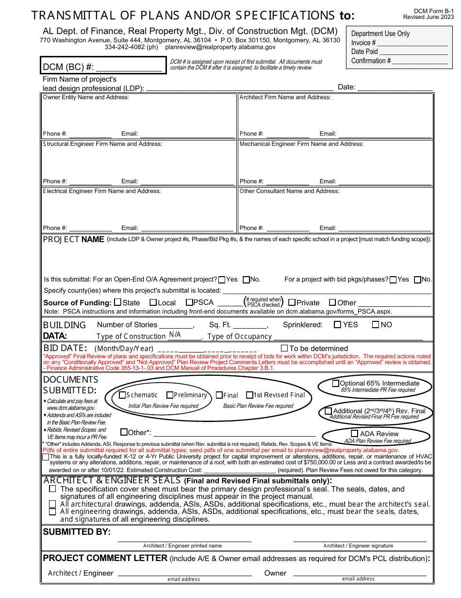 DCM Form B-1 Download Fillable PDF or Fill Online Transmittal of Plans ...