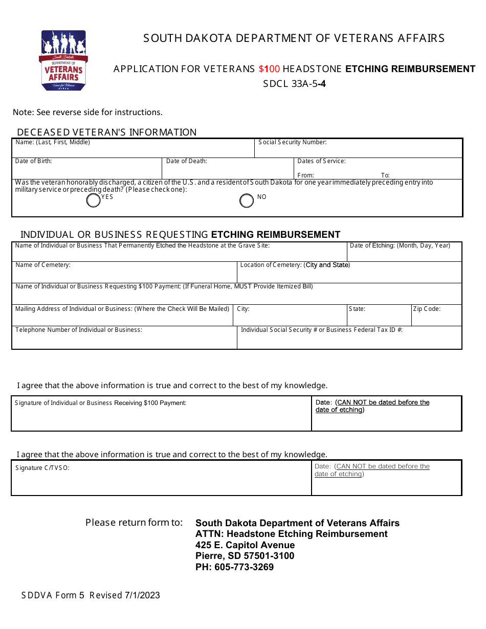 SDDVA Form 5 - Fill Out, Sign Online and Download Fillable PDF, South Dakota | Templateroller