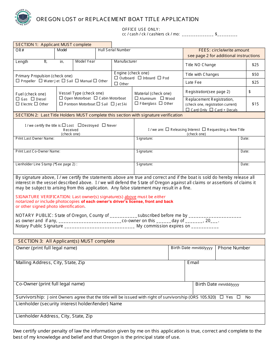 Form 250-041 Download Printable PDF or Fill Online Oregon Lost or ...
