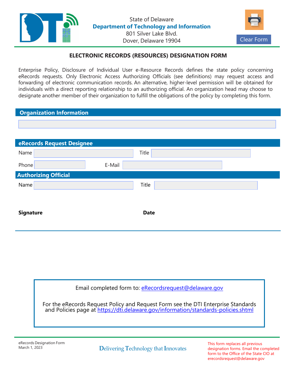 Delaware Electronic Records (Resources) Designation Form - Fill Out ...