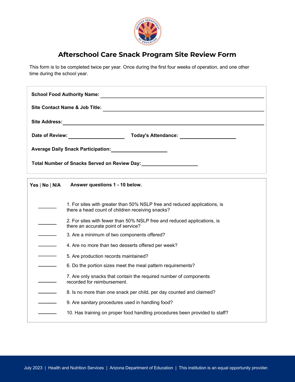 Arizona Afterschool Care Snack Program Site Review Form Download ...