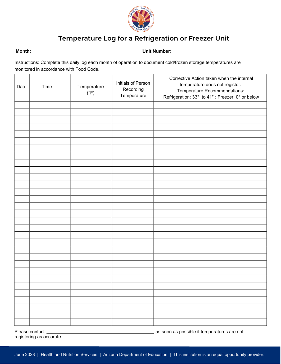 Arizona Temperature Log for a Refrigeration or Freezer Unit - Fill Out ...