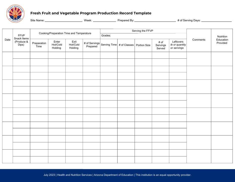 Arizona Fresh Fruit and Vegetable Program Production Record Template ...