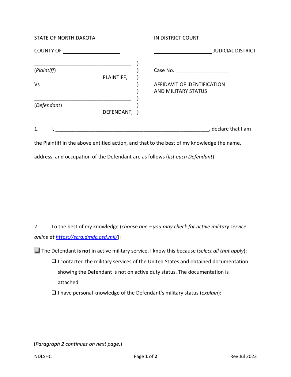 North Dakota Affidavit of Identification and Military Status - Fill Out ...