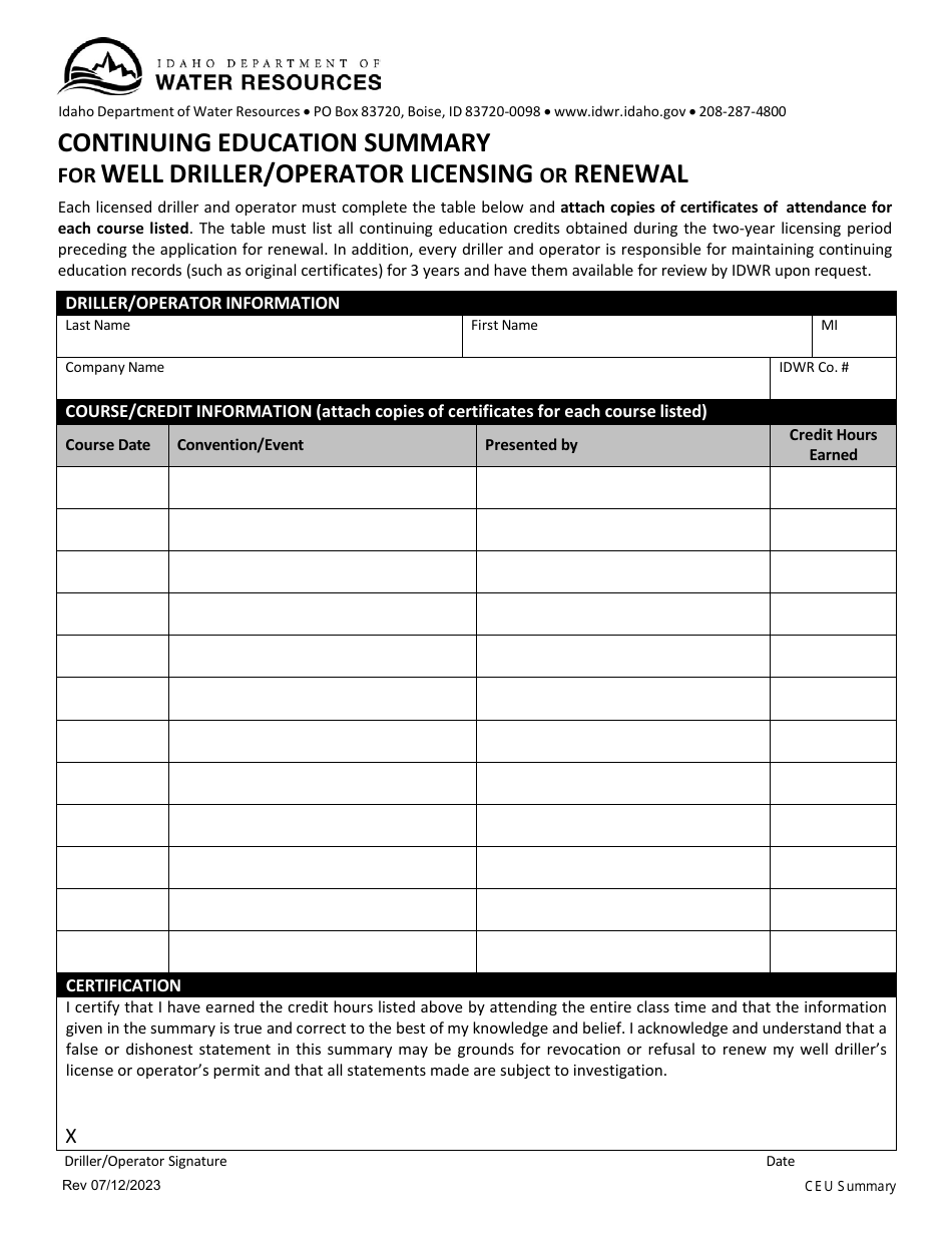 Idaho Continuing Education Summary for Well Driller/Operator Licensing ...