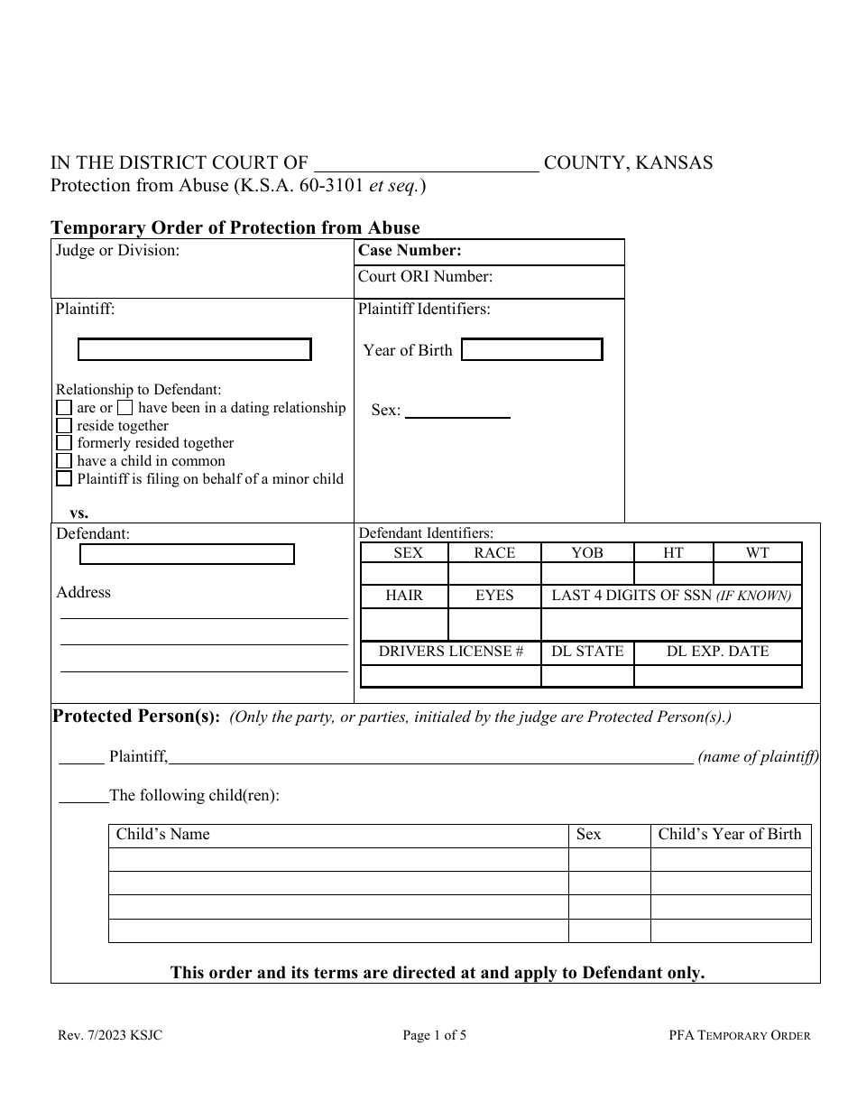 Kansas Temporary Order of Protection From Abuse Download Fillable PDF ...