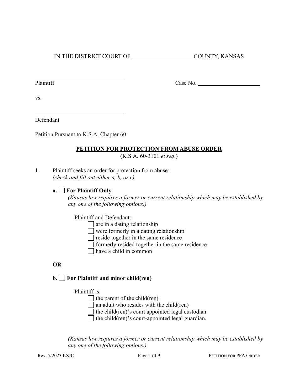 Kansas Petition for Protection From Abuse Order Download Fillable PDF ...