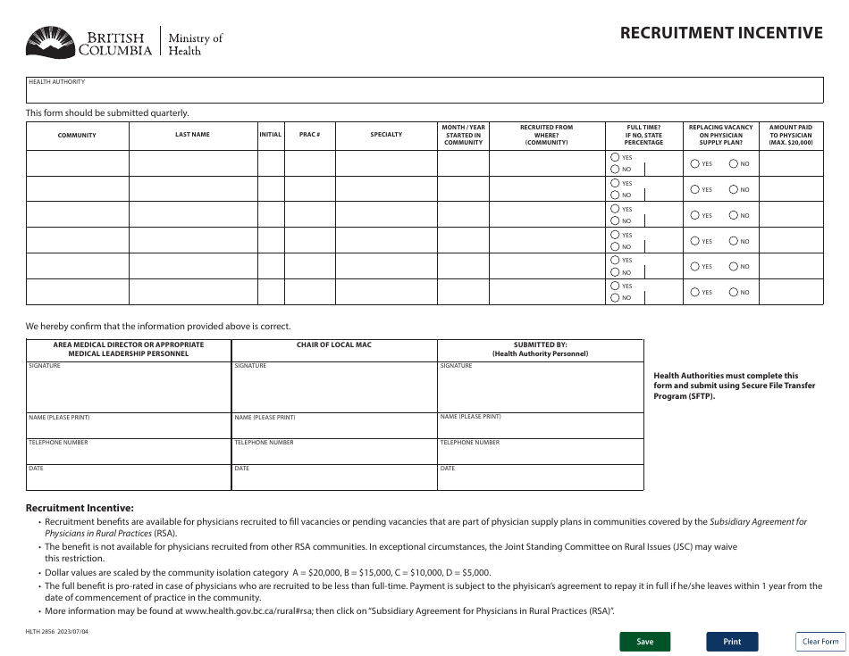 Form HLTH2856 Download Fillable PDF or Fill Online Recruitment Incentive, British Columbia ...