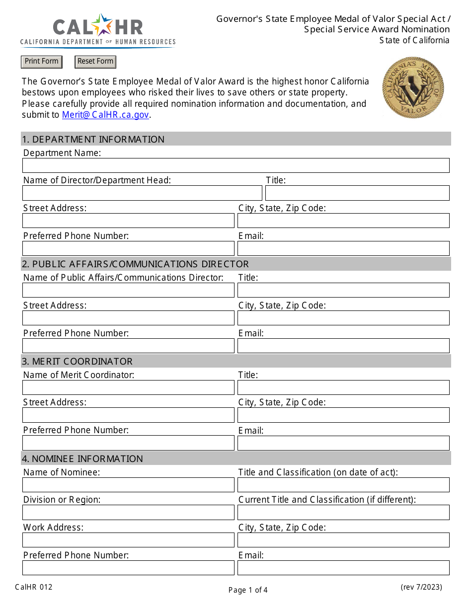 Form CALHR012 Download Fillable PDF or Fill Online Governor's State ...