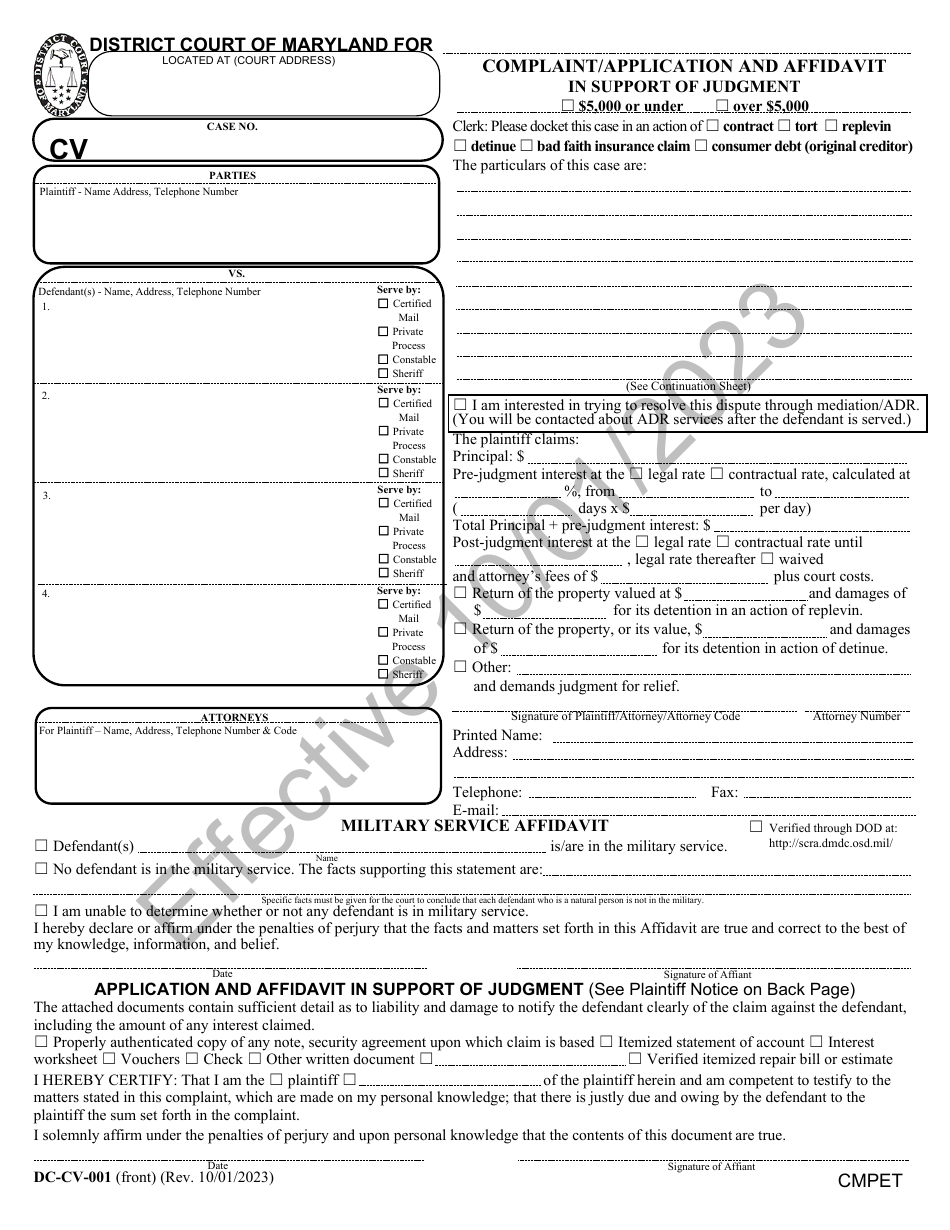 Form DC-CV-001 Download Printable PDF or Fill Online Complaint ...