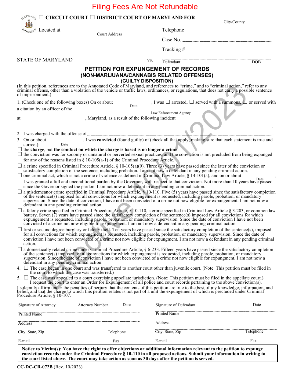 Form CC-DC-CR-072B Download Printable PDF or Fill Online Petition for Expungement of Records ...