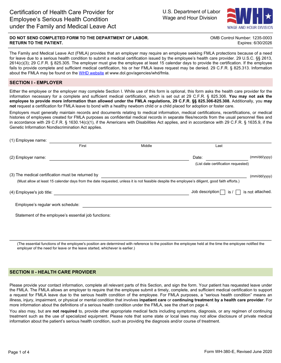 Form WH-380-E Download Fillable PDF or Fill Online Fmla Certification ...