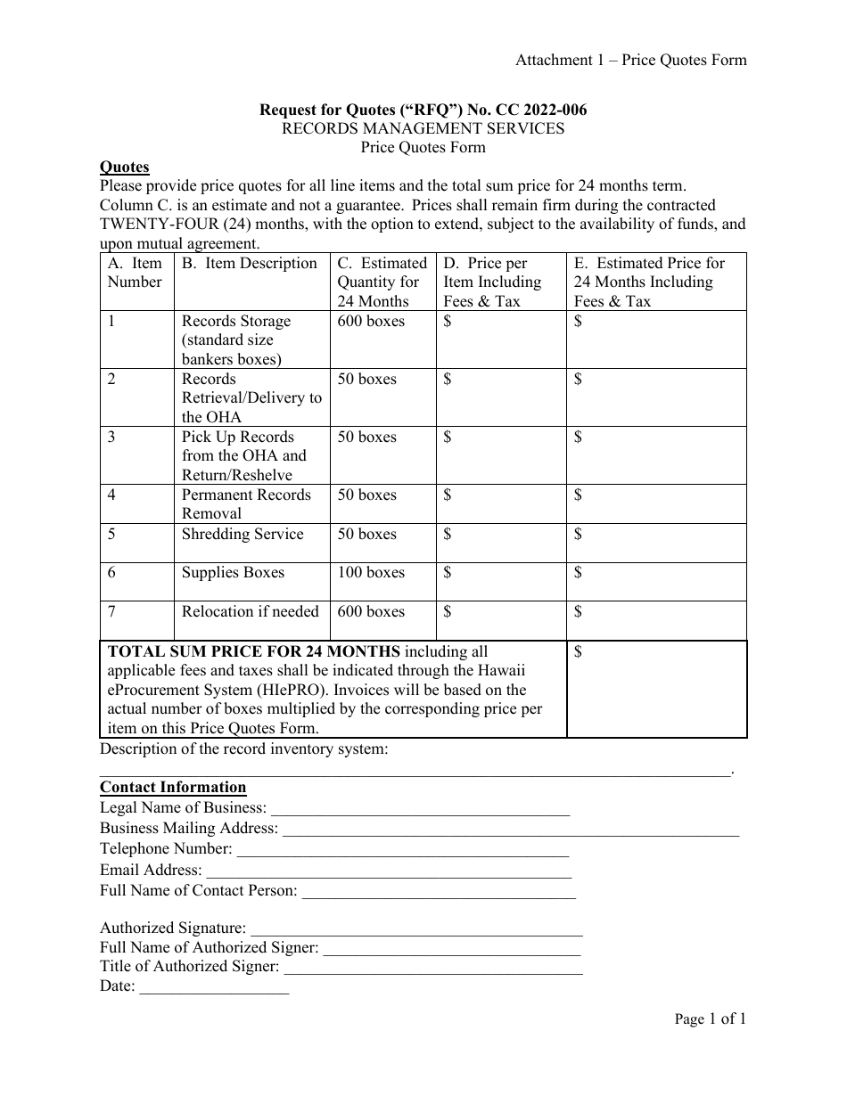 Hawaii Price Quotes Form - Fill Out, Sign Online and Download PDF ...