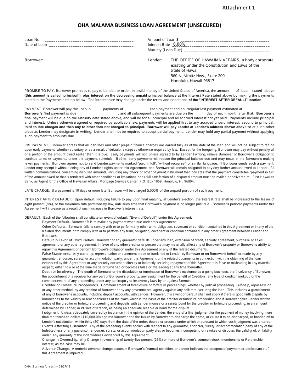 Hawaii OHA Malama Business Loan Agreement (Unsecured) - Fill Out, Sign ...