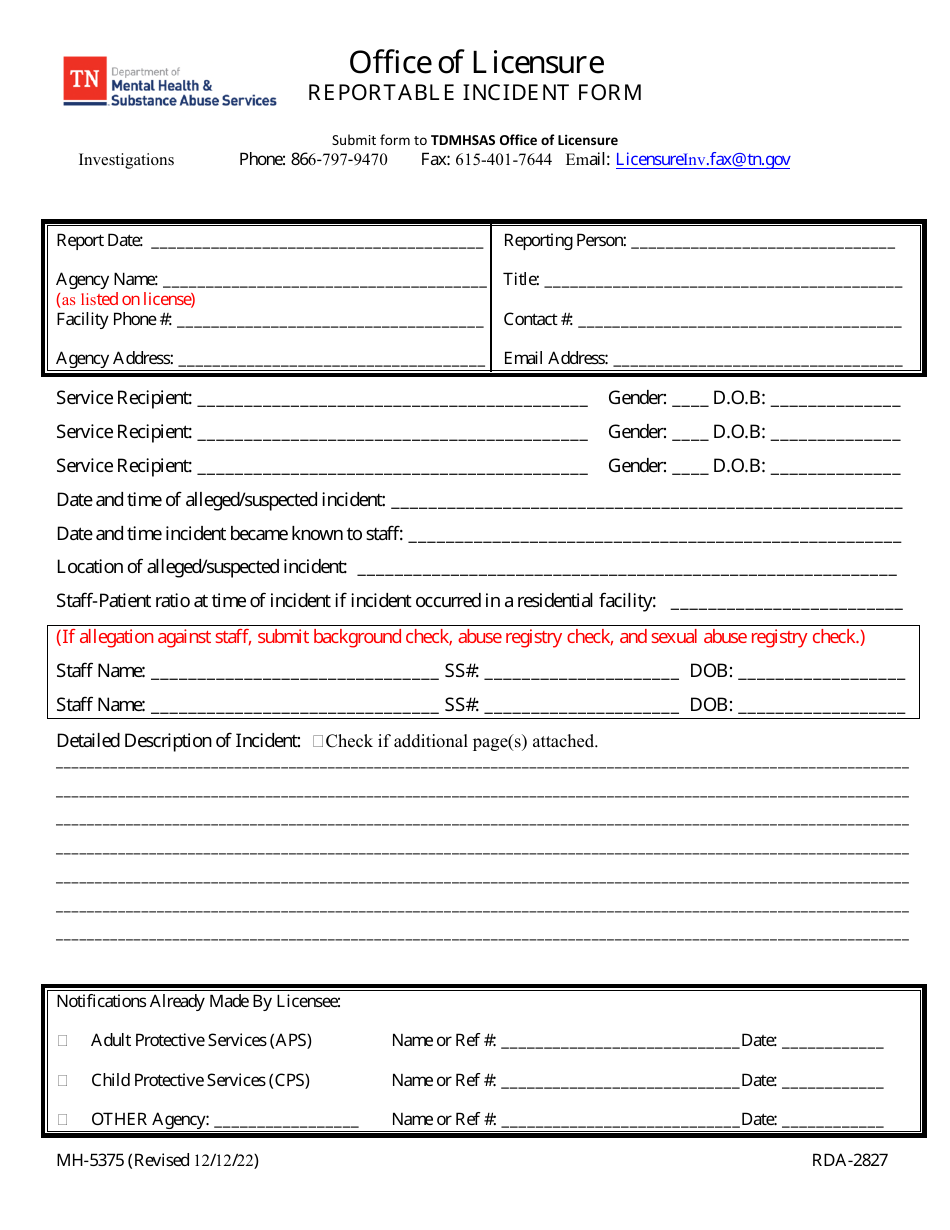 Form MH-5375 Download Fillable PDF or Fill Online Reportable Incident ...