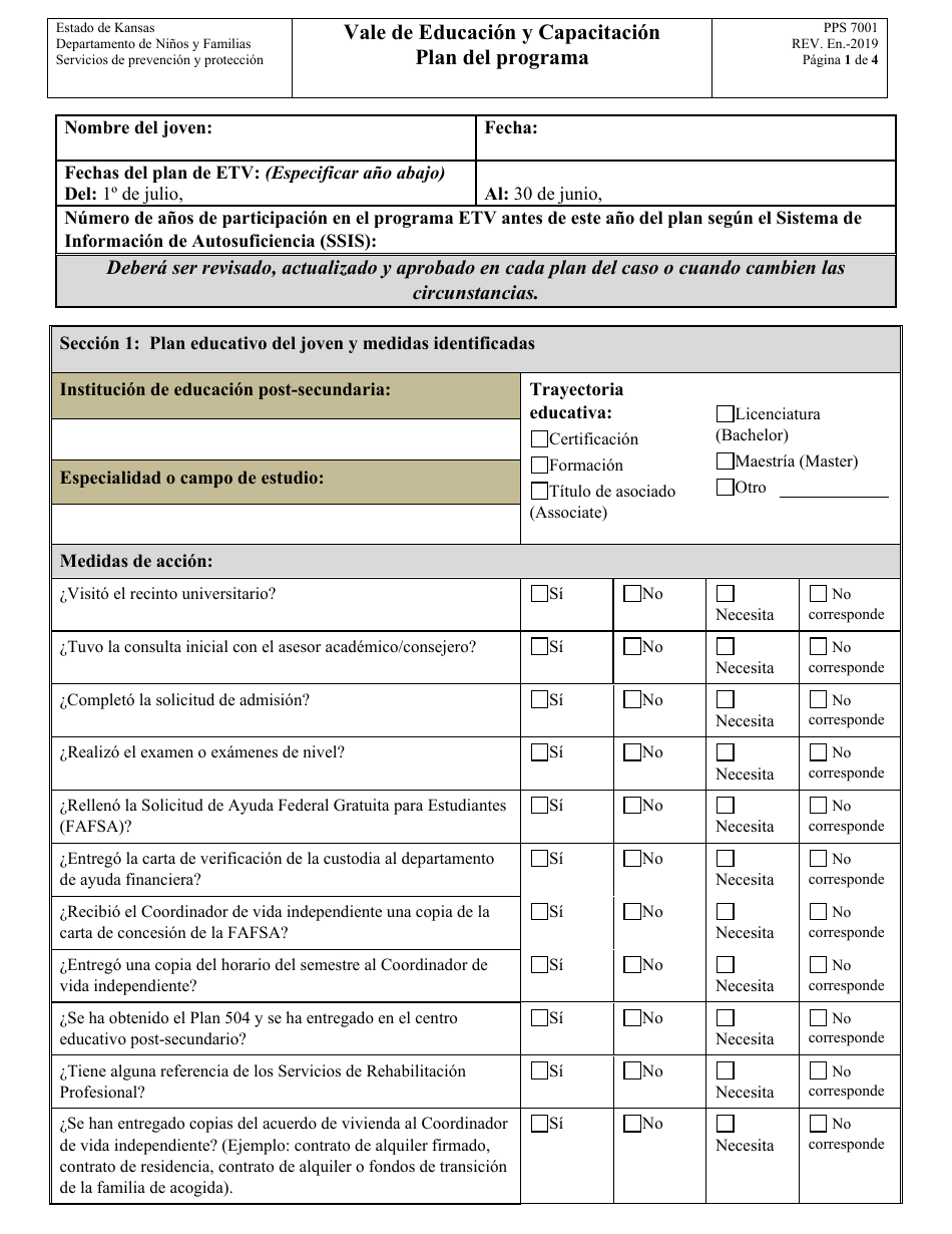 Formulario PPS7001 - Fill Out, Sign Online and Download Printable PDF, Kansas (Spanish ...