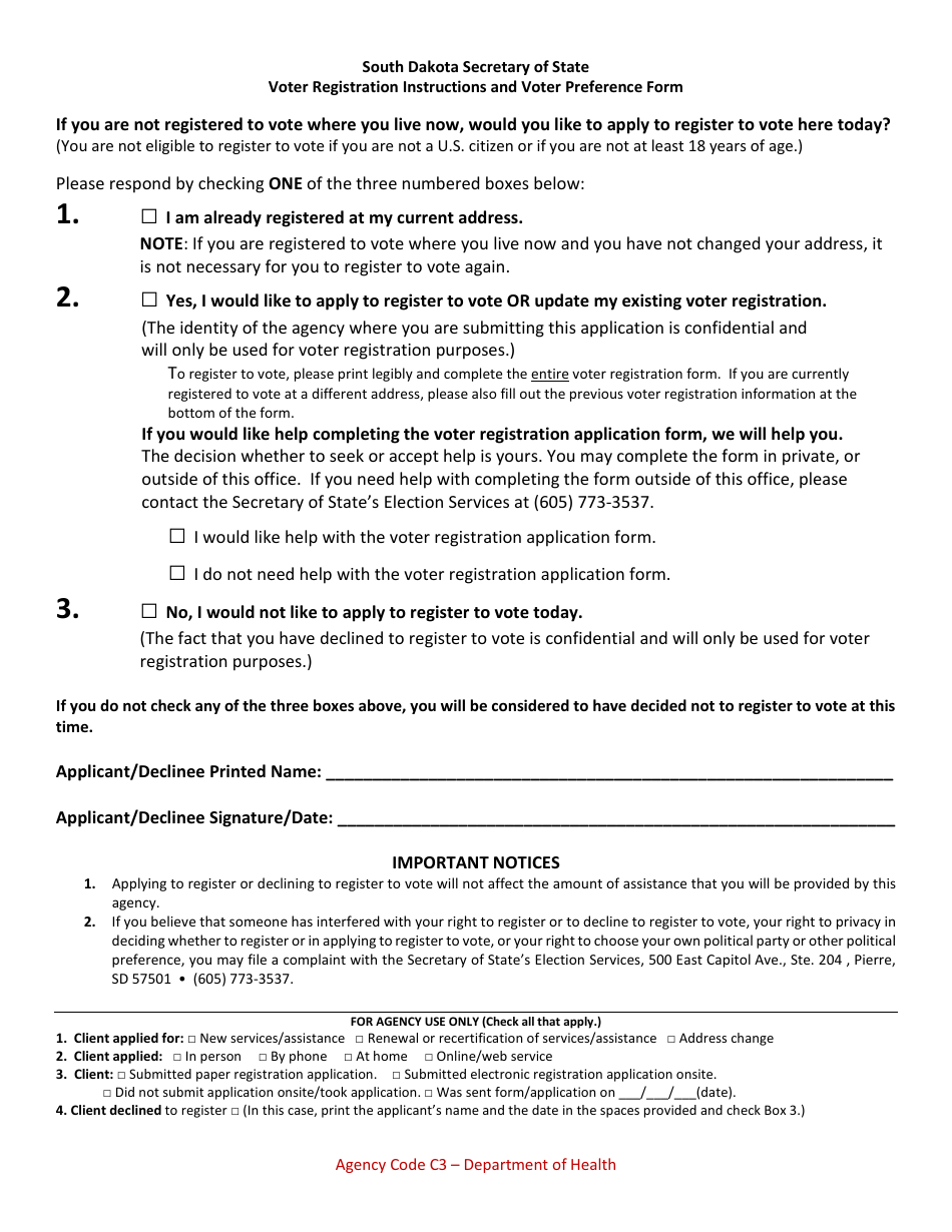 South Dakota Voter Registration Instructions and Voter Preference Form ...